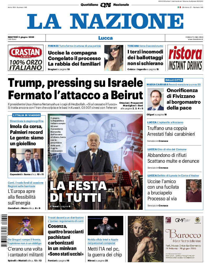 La Nazione - Prima Pagina di oggi, Edizione Lucca di martedi 02 giugno